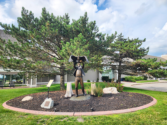 This bronze figure stands guard at the lodge&mdash;eternally ready for whatever weather Lake Erie decides to throw at visitors who forgot to pack a jacket.
