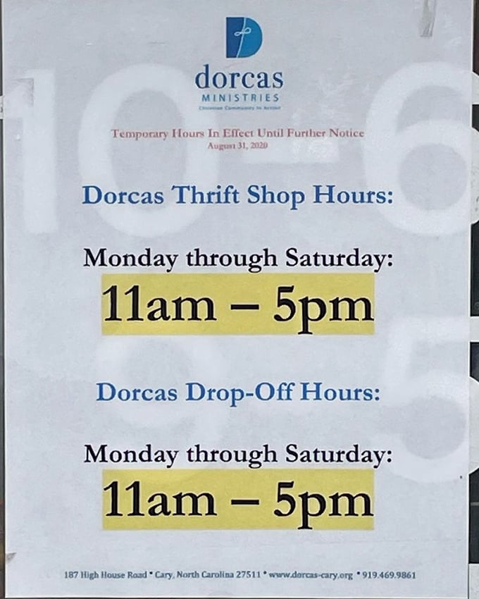 Even the hours sign has personality at Dorcas. Six days a week to hunt for treasures that spark joy without emptying your wallet.