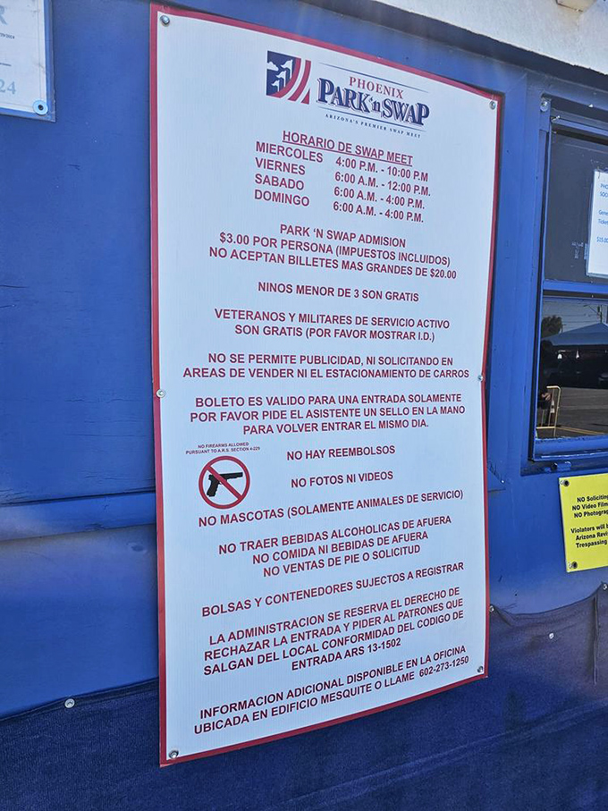Posted rules keep the peace while promising fair admission for this bargain hunter's paradise.