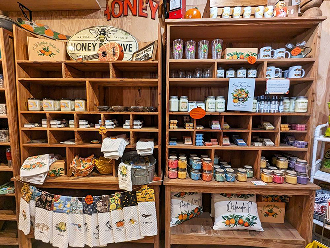 Honey jars and candles line wooden shelves, bringing a bit of farm sweetness to your home.