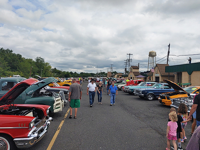 Classic car enthusiasts gather like pilgrims at a chrome-plated shrine, celebrating automotive history in living color.