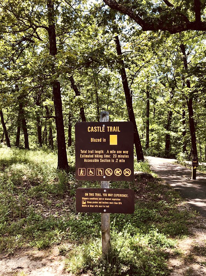 Trail signs point the way to adventure, proving Missouri takes its castle tourism seriously and professionally.