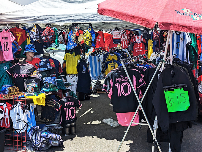Soccer jersey heaven! Messi's number 10 rules this colorful kingdom of athletic fashion, where team loyalty comes at swap meet prices.