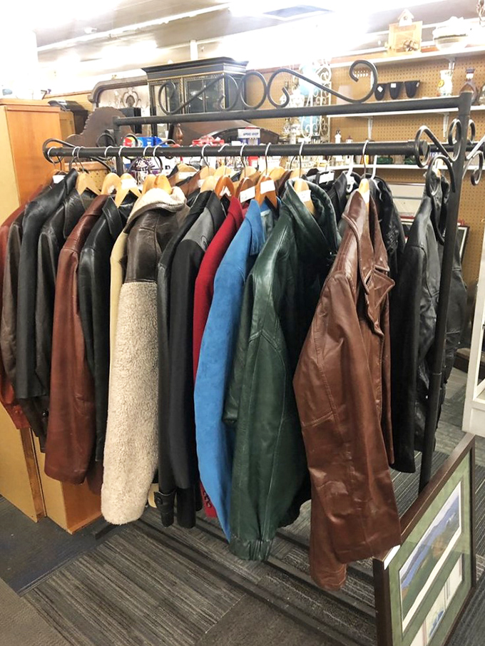 Leather jackets in every color and condition hang like a timeline of cool, each one waiting for its next adventure or motorcycle ride.