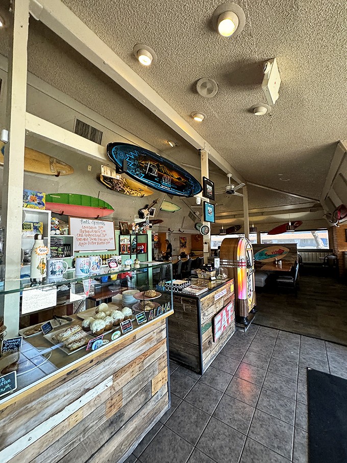 The counter view&mdash;where breakfast dreams come to life. Surfboards overhead remind you that calories don't count when you're on "vacation."