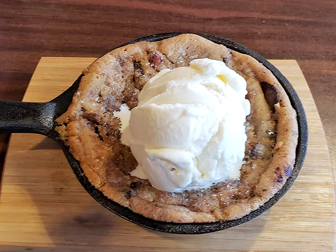 The cast iron skillet cookie topped with vanilla ice cream proves that even dessert gets the rustic treatment here. Spoons at the ready, folks!