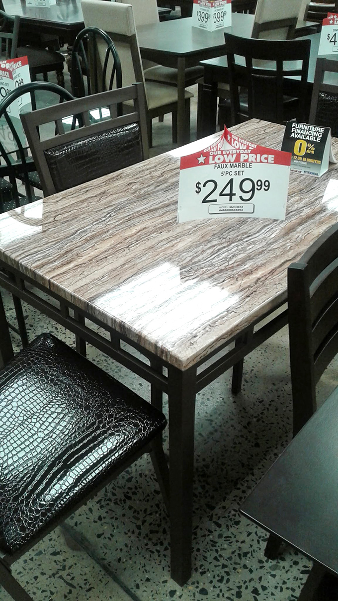 Faux marble that fools the eye but not the wallet &ndash; dining in style without the usual furniture showroom payment plan.