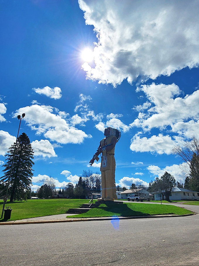 Reaching for the clouds, Hiawatha stands sentinel against Michigan's ever-changing sky&mdash;a fiberglass giant who never complains about the weather.