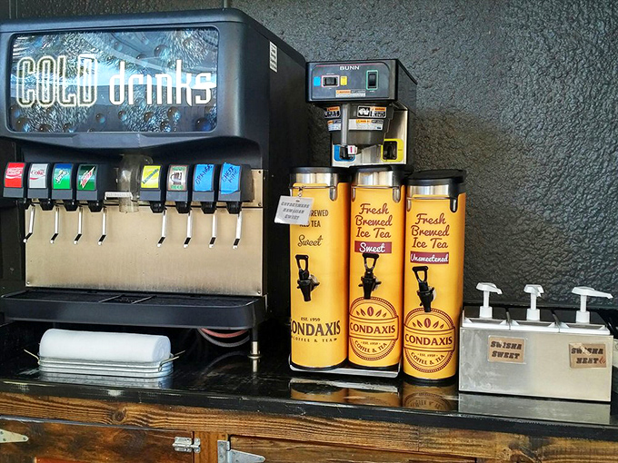 The beverage command center, where sweet tea flows like liquid sunshine&mdash;the perfect counterpoint to all that smoky, savory goodness. 