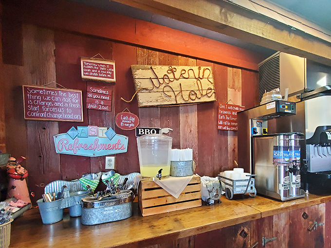 The drink station, where sweet tea flows like liquid gold. Those inspirational signs aren't just decoration&mdash;they're preparing you for the religious experience to come.