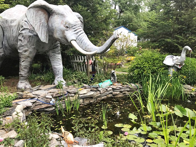 Decorative pond features complete the whimsical outdoor elephant habitat that welcomes visitors year-round.