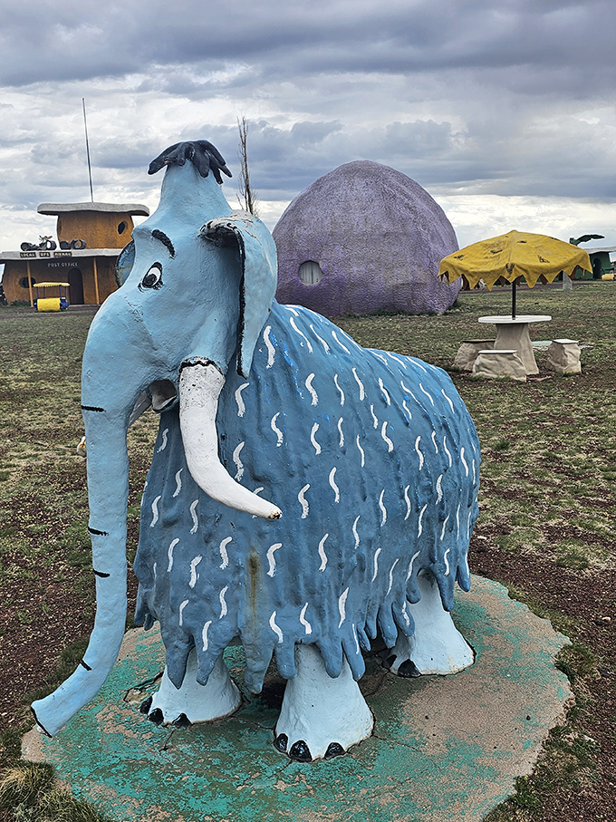 This blue woolly mammoth looks like it wandered straight out of an Ice Age cartoon and decided Arizona was its new home.