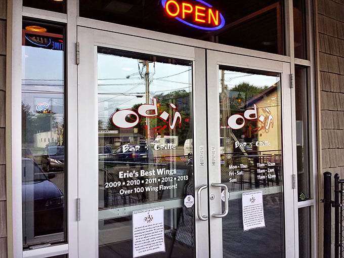 The entrance promises "Erie's Best Wings" and over 100 flavors. Like the gates to a flavor wonderland, it beckons wing enthusiasts inside.