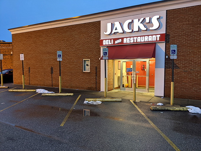 As evening falls, Jack's glowing entrance becomes a beacon of hope for the hungry, promising warmth and satisfaction just steps away.