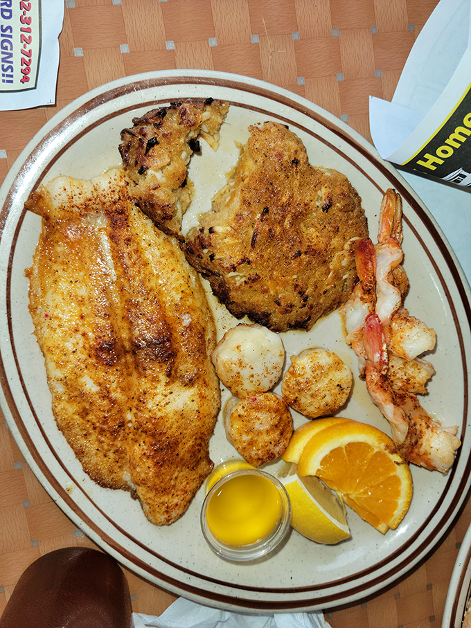 A seafood platter that proves Route 40 Diner isn't just about breakfast. That perfectly golden fish would make Poseidon himself jealous.