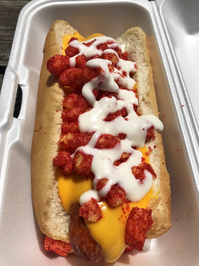 This hot dog's fiery toppings aren't just food&mdash;they're a dare wrapped in a bun. Your taste buds will thank you for accepting the challenge.