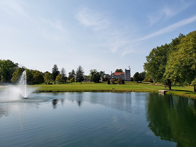 
From across the serene pond, the castle rises like a mirage, making you question whether you're in Ohio or touring the countryside of Wales. 