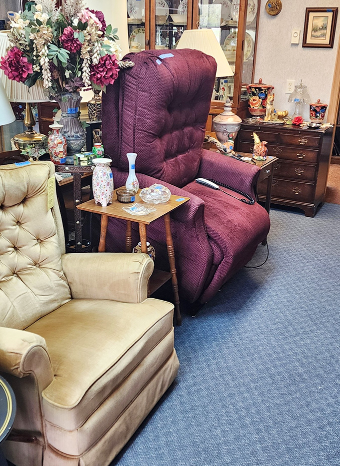The throne room of Bob's Bargain Barn&mdash;where recliners and armchairs create cozy testing stations amid the treasure hunting adventure.