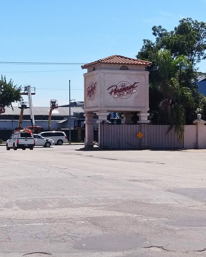 The iconic entrance to Paramount Swap Meet welcomes bargain hunters with the promise of treasures waiting just beyond the gates.