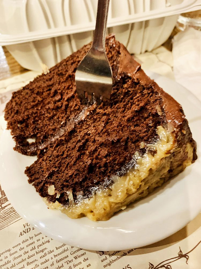 German chocolate cake with that distinctive coconut-pecan frosting layer&mdash;proof that Germans understand the importance of proper cake-to-frosting ratios.