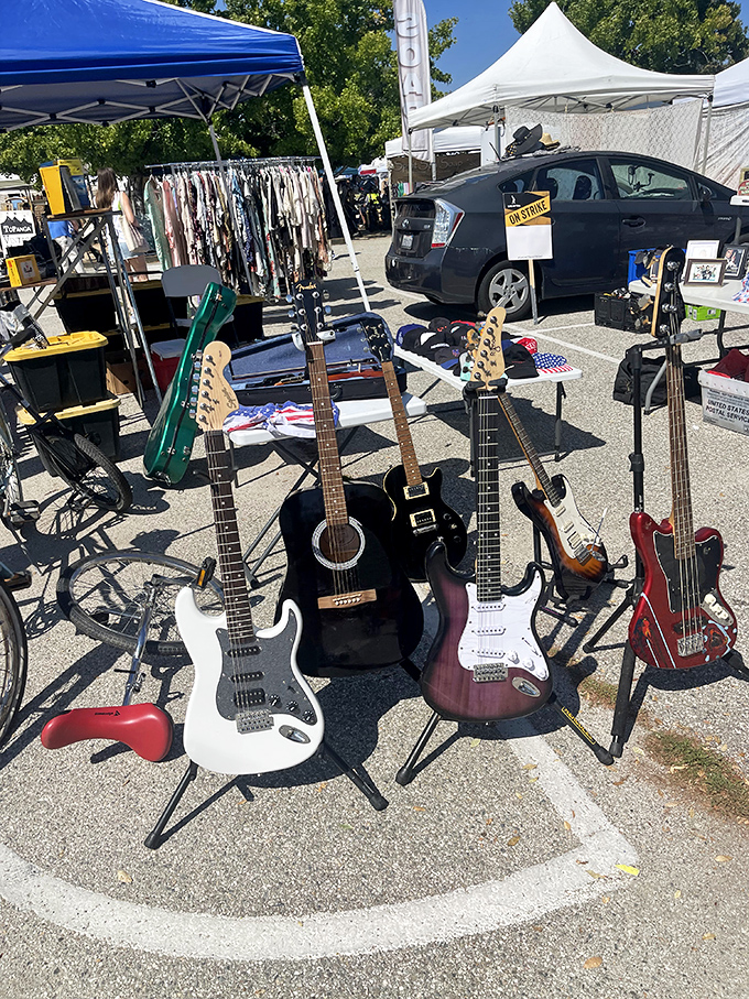 A lineup of guitars stands ready for their encore performance, each one holding the ghost notes of "Stairway to Heaven" practiced in countless garages.