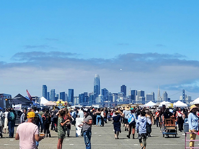 The ultimate shopping with a view. Bargain hunters navigate the market with San Francisco's skyline reminding everyone they're still in one of America's most expensive regions.