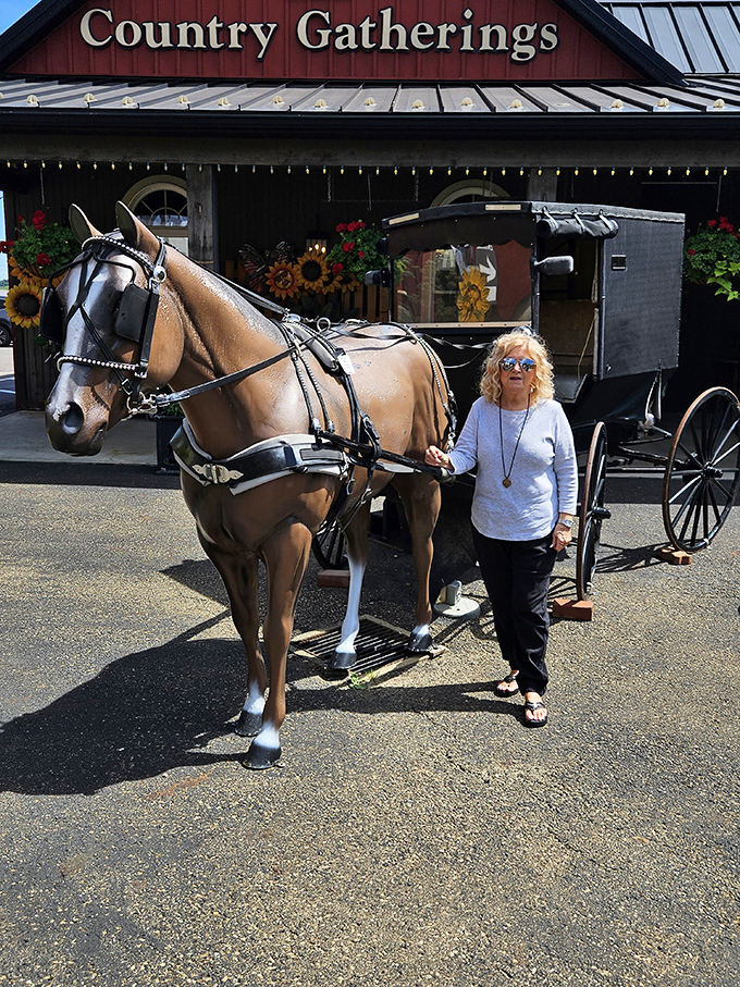 The ultimate Amish Country photo op: horse, buggy, and a shop called "Country Gatherings." Norman Rockwell couldn't paint a more perfect scene.