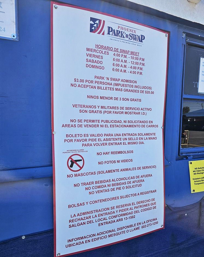 The rules of engagement, displayed in both English and Spanish. The bilingual signage reflects the market's cultural richness and community spirit.