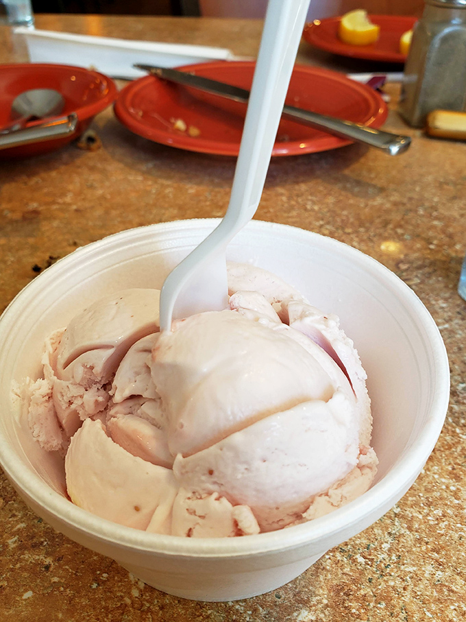 Homemade ice cream scooped with generous abandon. This isn't some precious, tiny-portioned dessert&mdash;it's the creamy finale that makes the drive to Salladasburg completely worthwhile.