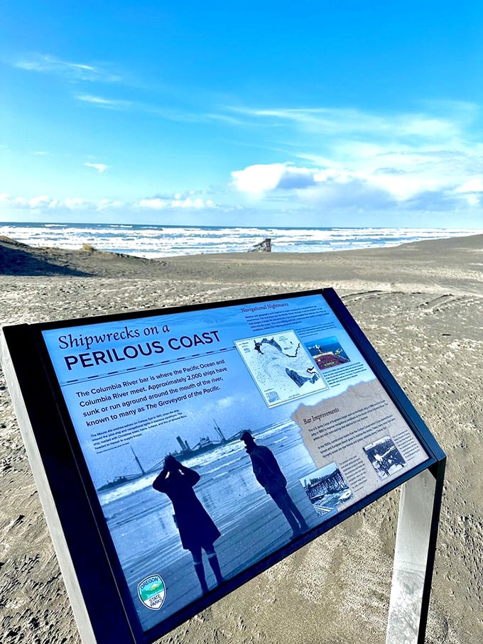 Shipwrecks on a Perilous Coast&mdash;informative displays near the wreckage help visitors understand why this stretch earned its ominous nickname: "The Graveyard of the Pacific."