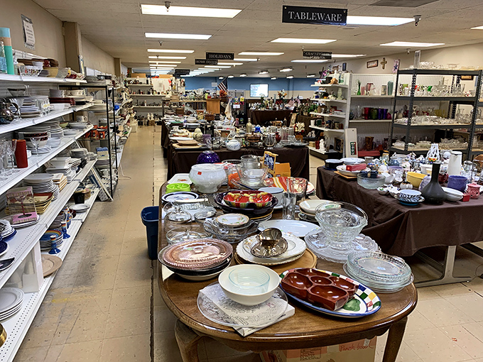The tableware section could stock a small restaurant. Vintage serving platters and colorful dishes just waiting to make your dinner parties Instagram-worthy.