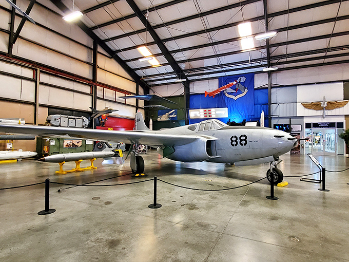 This sleek P-80 Shooting Star represents America's first operational jet fighter, looking as futuristic today as it must have appeared in the 1940s.