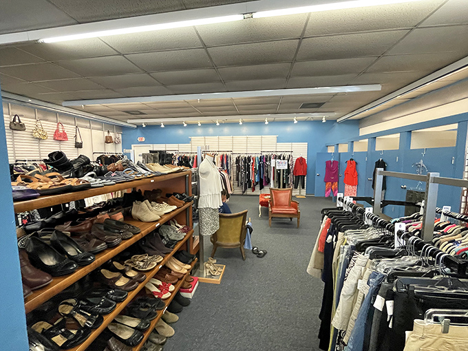 Blue walls frame this fashion treasure trove where comfortable seating invites shoppers to pause and contemplate their next style discovery.