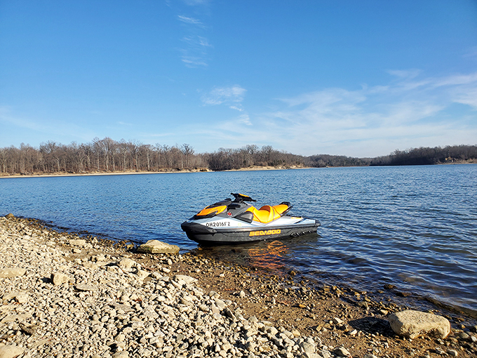 Yellow jet ski waiting patiently for its next aquatic adventure. Like a water-loving puppy ready for playtime on Ohio's inland sea.