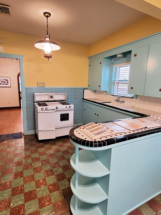 Step inside to find a perfectly preserved mid-century kitchen, proving that while the exterior went experimental, some traditions remained sacred.