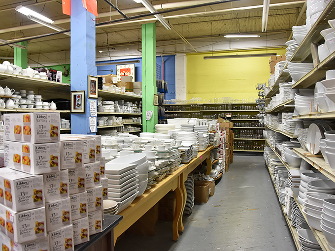 White plates stack like porcelain skyscrapers, promising to host countless meals without the fancy restaurant price tags.