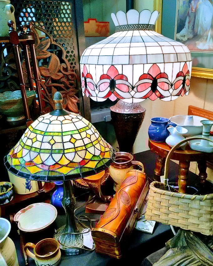 Tiffany-style lamps cast their colorful glow among pottery and baskets. These stained glass beauties have illuminated conversations for generations.
