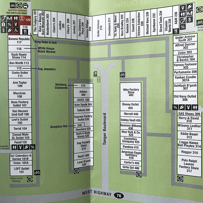 The strategic shopper's best friend: a detailed map of retail possibilities. Planning your attack route is half the fun of the outlet experience.