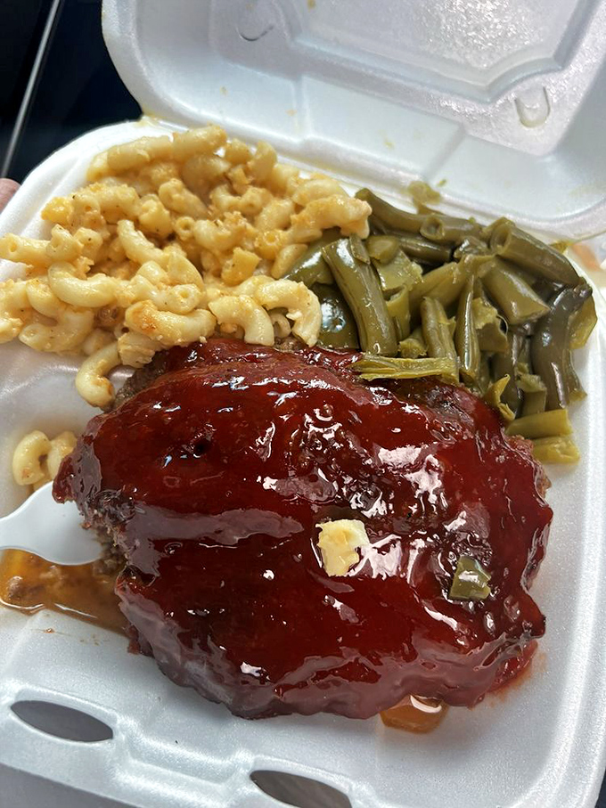 Meatloaf that would make your grandmother jealous, glazed to perfection and flanked by mac and cheese and green beans.