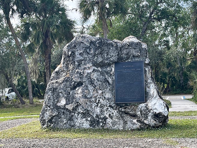 History carved in stone, this memorial stands as a reminder that even paradise has stories of struggle and preservation worth remembering.