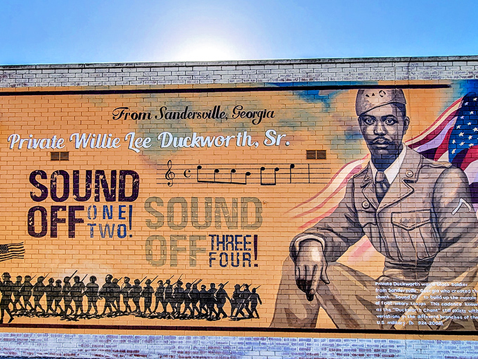 This vibrant mural honors Private Willie Lee Duckworth Sr., preserving Sandersville's military heritage through art that speaks across generations.
