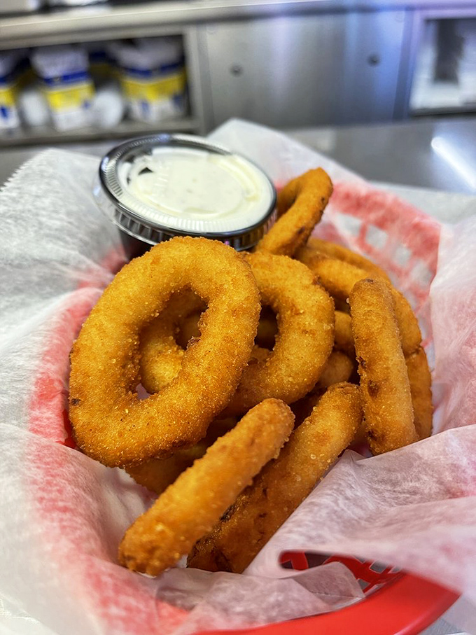 These golden rings of joy come with ranch dipping sauce and enough crispy satisfaction to make you forget everything else.