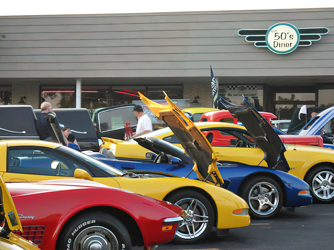 Car shows and chrome&mdash;where classic automobile enthusiasts gather to admire wheels before rolling inside for waffles.