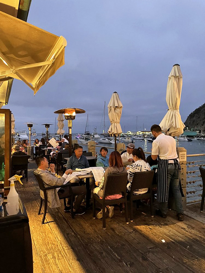 As twilight embraces Avalon Harbor, the outdoor patio transforms into dinner theater where boats and diners share the spotlight.