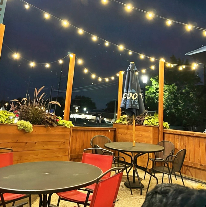 Their outdoor seating area doesn't just offer fresh air&mdash;it offers string lights that make everything and everyone look 30% more attractive and photogenic.