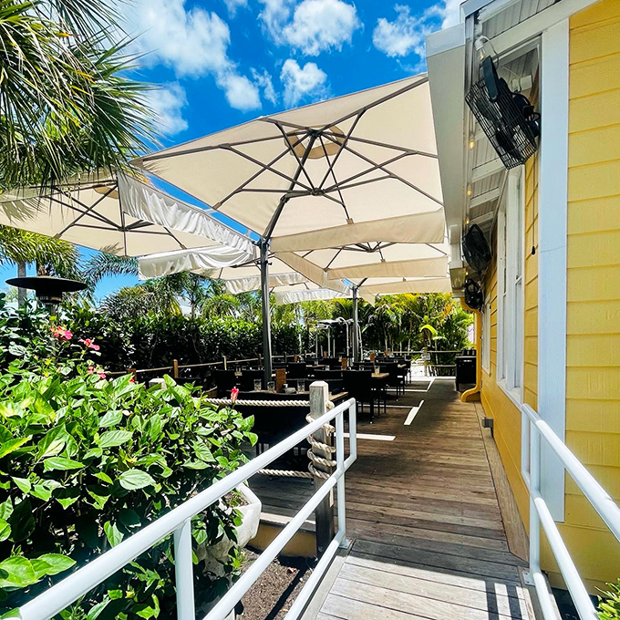 The outdoor dining area offers umbrella-shaded tables where ocean breezes carry away your worries and occasionally your napkin.