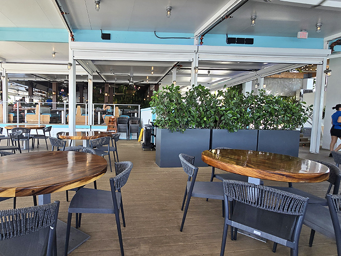 The outdoor seating area offers a more modern vibe with plenty of greenery, perfect for those who want their pancakes with a side of fresh air.