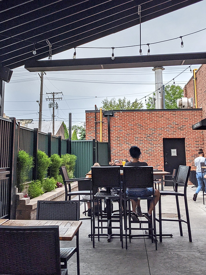 The covered patio offers the perfect setting for enjoying legendary cornbread while watching Cleveland's urban landscape.
