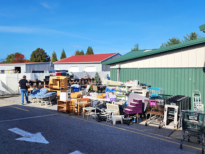 The outdoor overflow area: furniture purgatory where items wait for either salvation or the next markdown. Today's castoff could be tomorrow's statement piece.