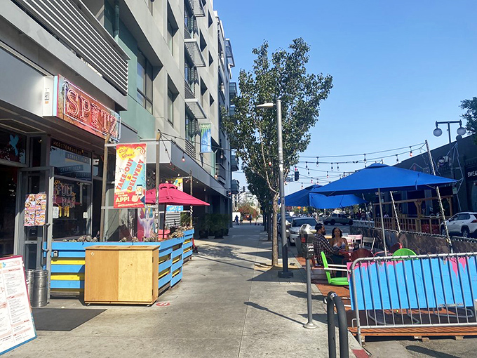 The sidewalk patio &ndash; where colorful barriers and string lights transform a slice of Little Tokyo concrete into an urban oasis.